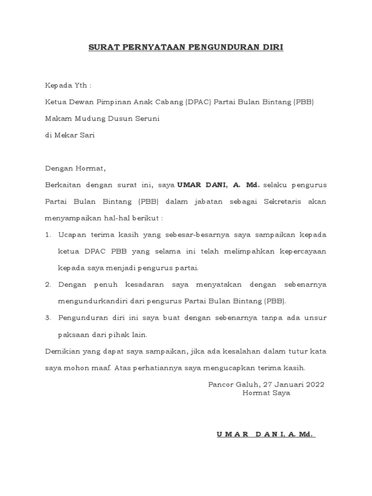 Surat Pernyataan Pengunduran Diri Dari Partai Politik | PDF