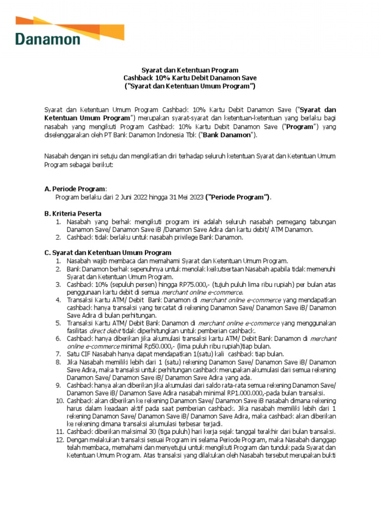 Program Cashback Danamon Save | PDF