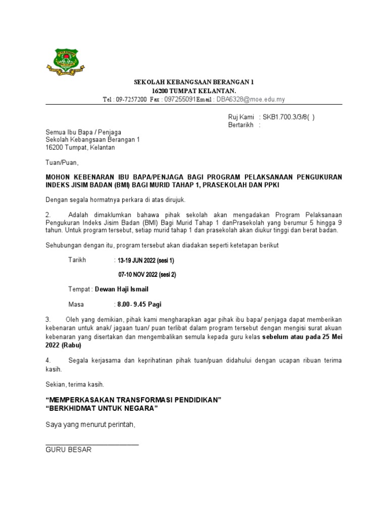 Surat Kebenaran Program BMI Murid | PDF