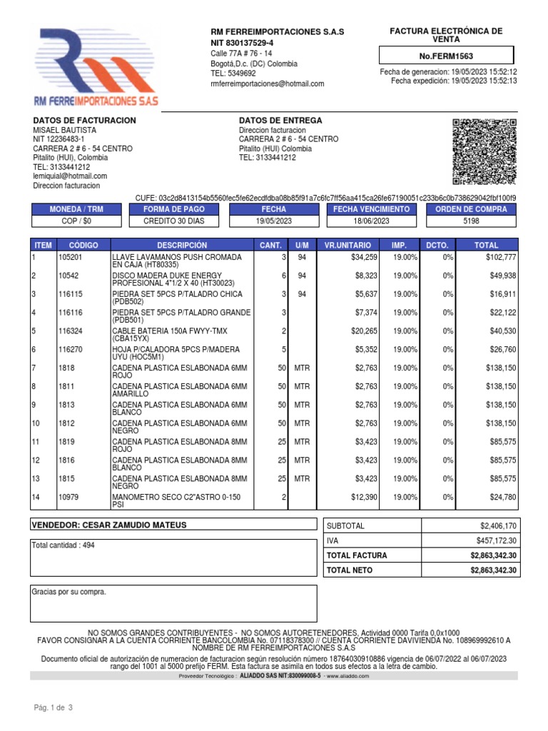 RM Ferreimportaciones S.A.S NIT 830137529-4 Factura Electrónica de ...