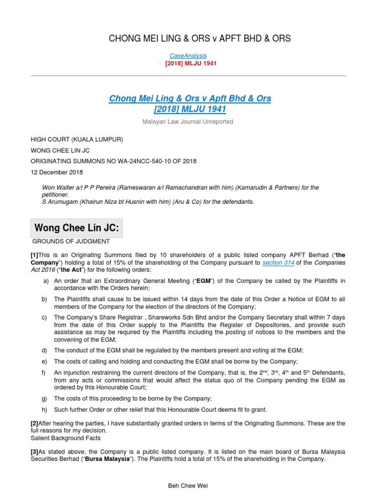 11.chong Mei Ling & Ors V Apft BHD & Ors | PDF | Corporations | Business