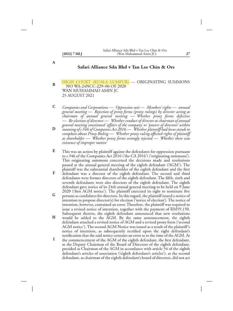 12.safari Alliance SDN BHD V Tan Lee Chin & Ors | PDF | Proxy Voting ...