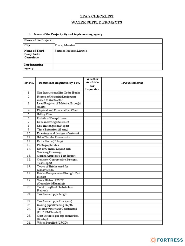 Water Supply Checklist | PDF | Concrete | Audit