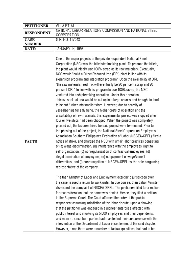 Villa Et. Al v. NLRC and NSC | PDF | Employment | Complaint