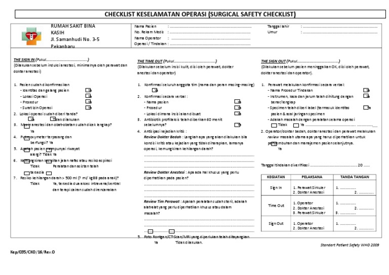 Checklist Keselamatan Operasi Rumah Sakit | PDF | Sains & Matematika