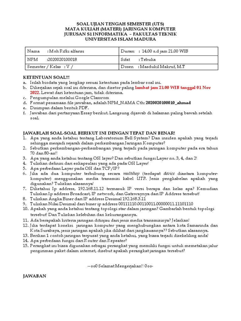 Soal Uts Jarkom 2022 | PDF