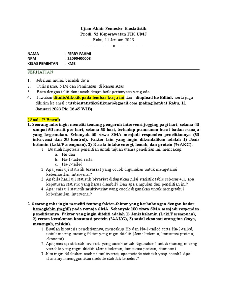 (Besral) - SOAL UJIAN BIOSTATISTIK S2 KEPERAWATAN UMJ 2023 | PDF