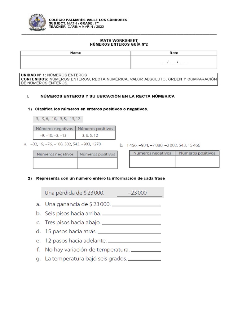 Guía de Números Enteros para 7° Grado | PDF | Entero | Objetos matemáticos