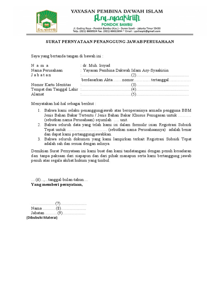 Surat Pernyataan Penanggung Jawab Perusahaan | PDF