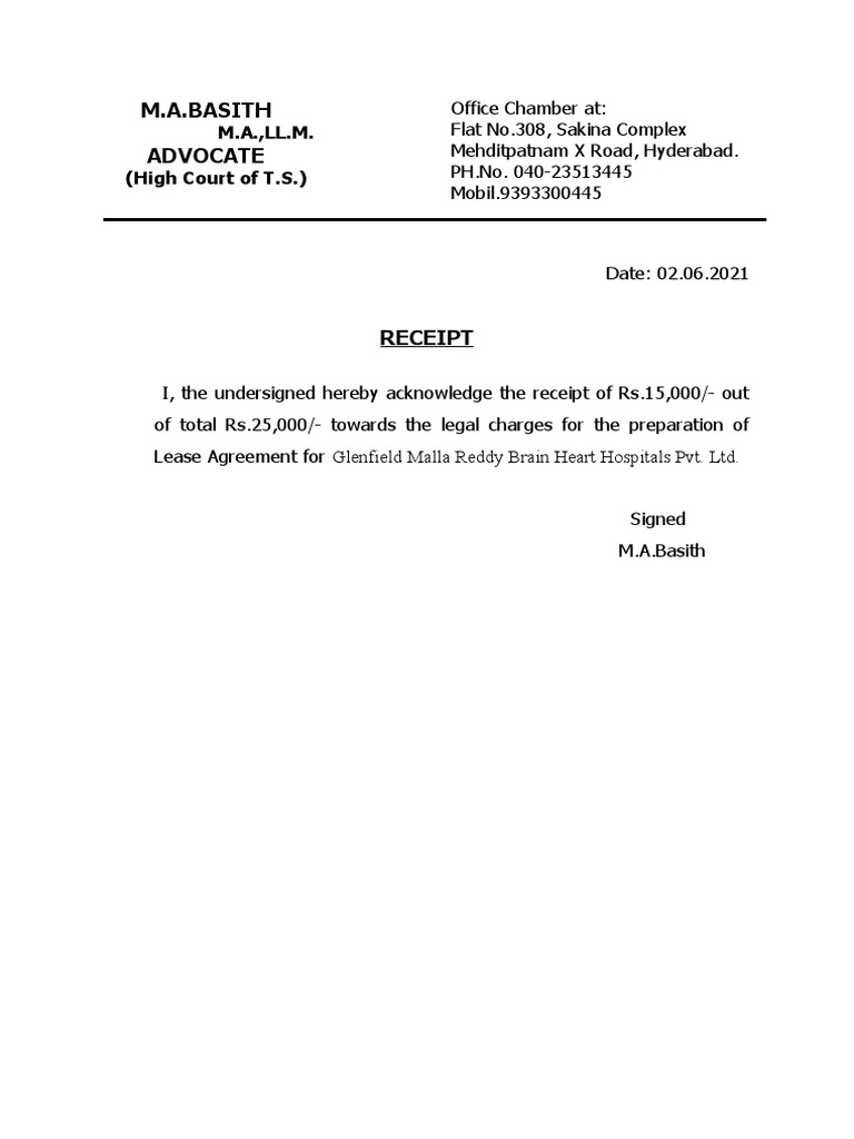 Legal Fee Receipt for Lease Agreement | PDF