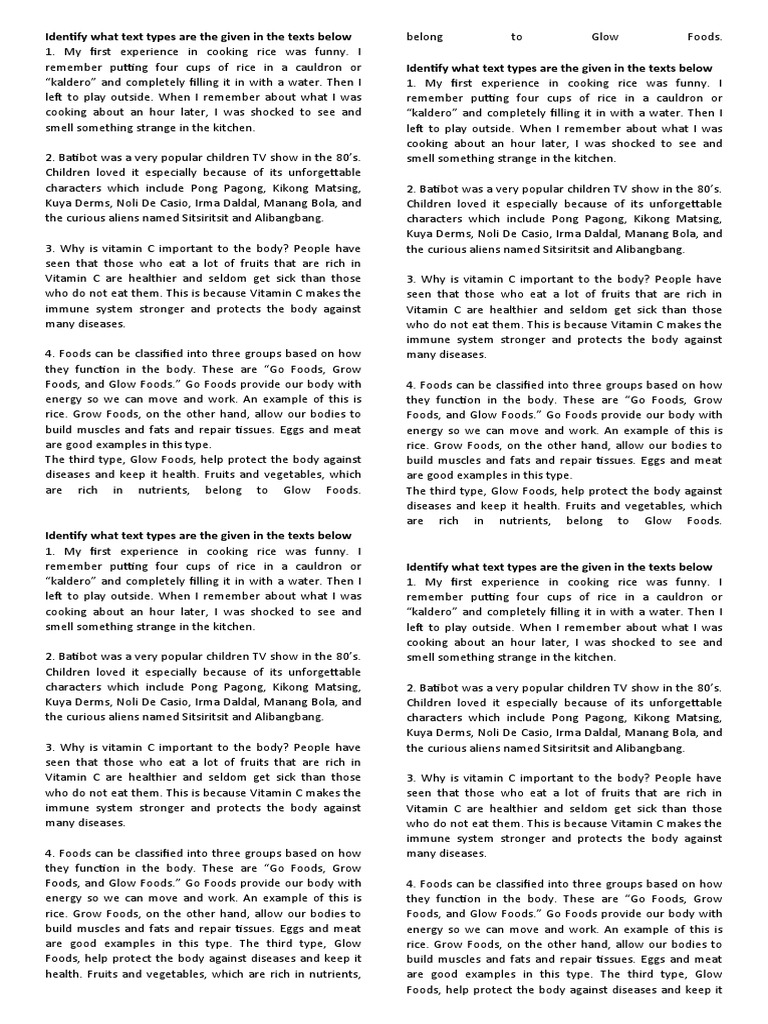 Identify What Text Types Are The Given In The Texts Below Pdf Foods