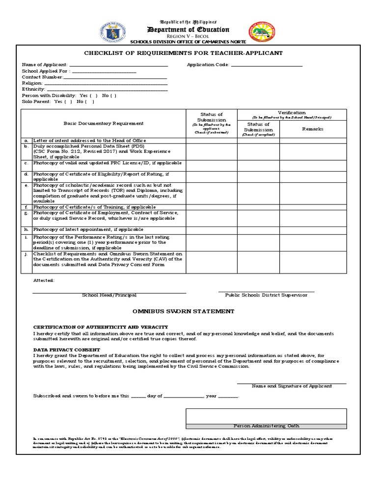 Checklist-of-Requirements-Omnibus-for-Teacher-Applicants-1 (1) | PDF ...