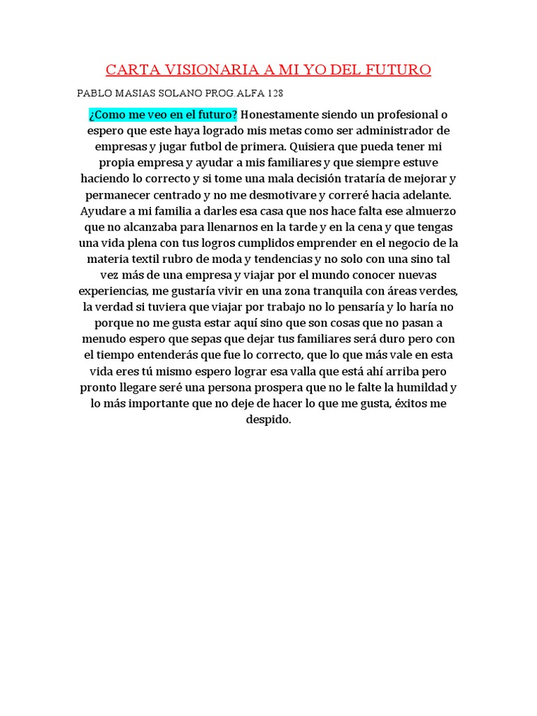 Carta Visionaria A Mi Yo Del Futuro | PDF