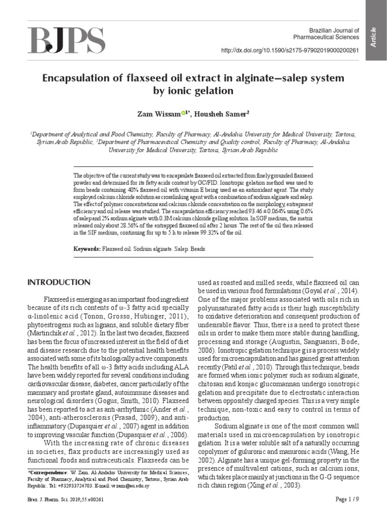 2019 - Encapsulation of Flaxseed Oil Extract in Alginate - Salep System ...