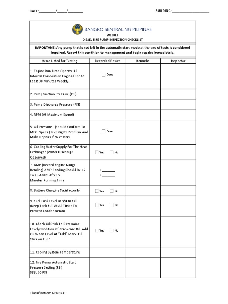 Diesel FP Weekly Inpection Checklist | PDF | Pump | Diesel Engine