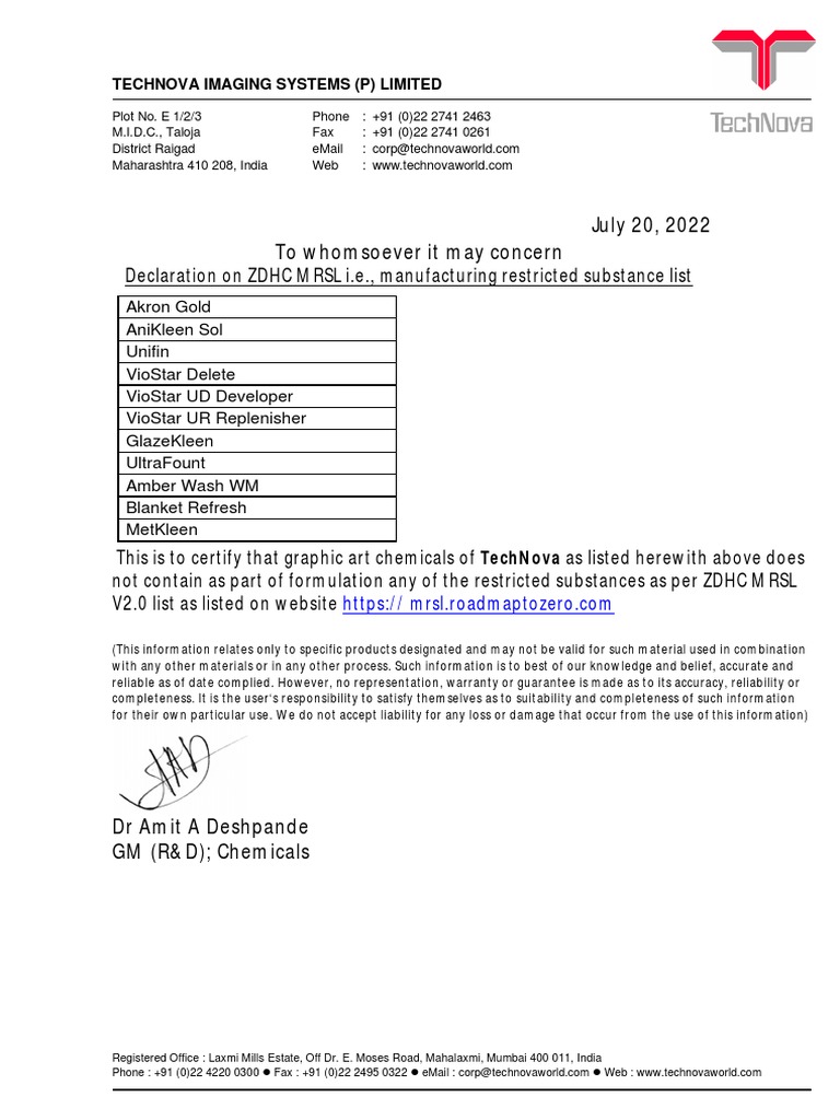 TechNova ZDHC MRSL Compliance Declaration | PDF