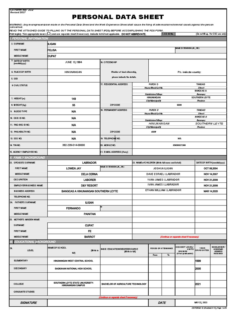CS Form No. 212 Personal Data Sheet Revised | PDF | Government