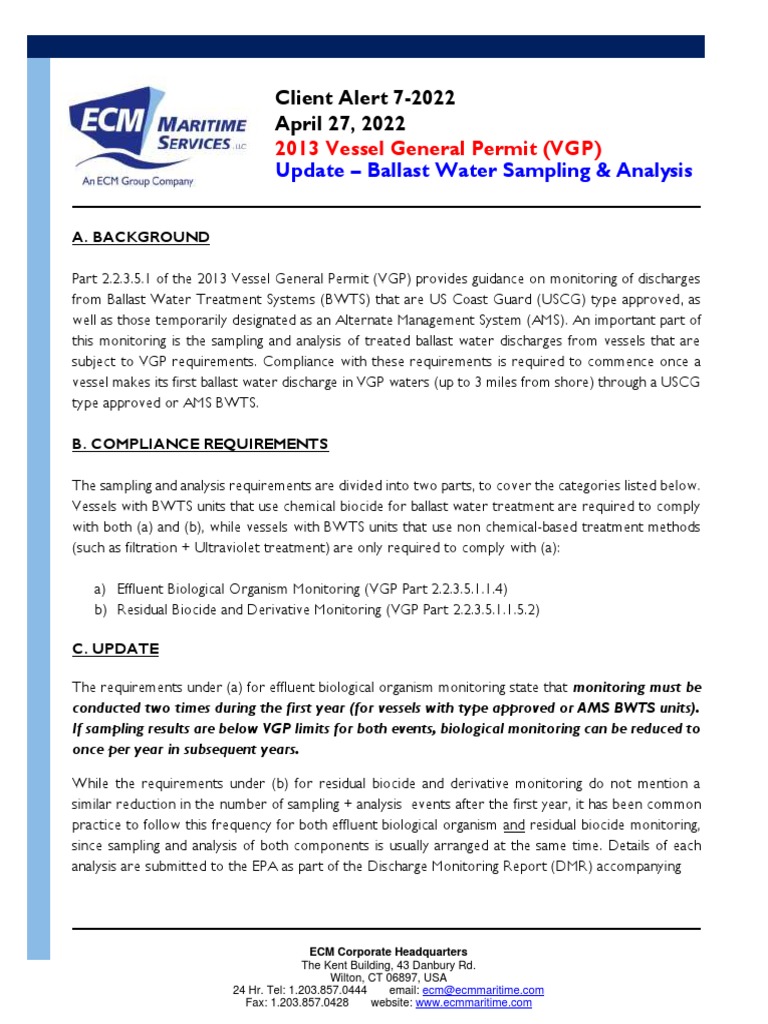 Ecm Client Alert 72022 Vessel General Permit VGP Update On Ballast Water Sampling and Analysis ...