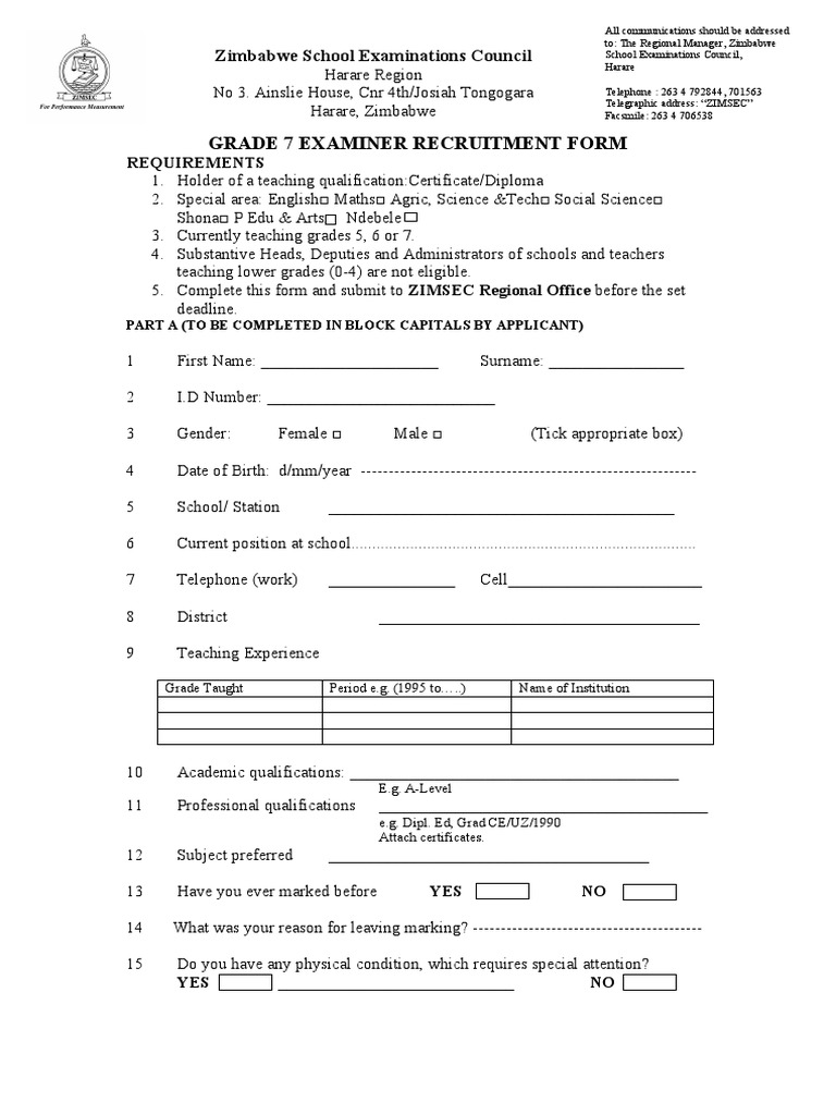 GRADE 7 EXAMINER RECRUITMENT FORM | PDF | Educational Stages