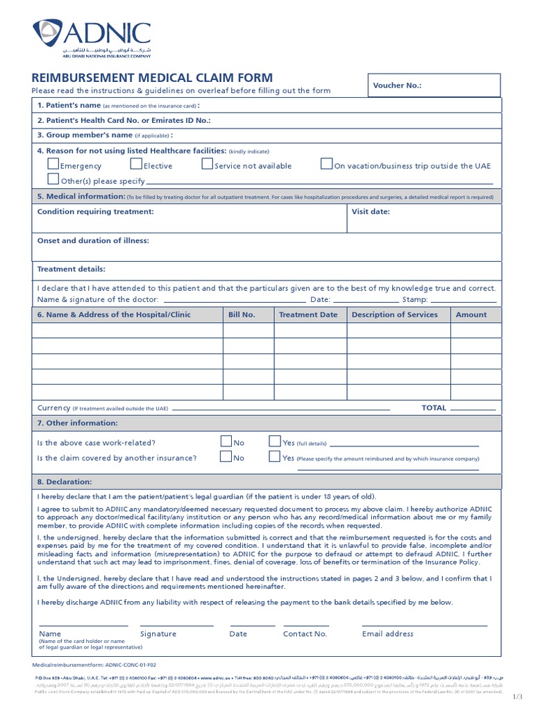 Existing ADNIC Reimbursement ClaimForm | PDF | Patient | Hospital