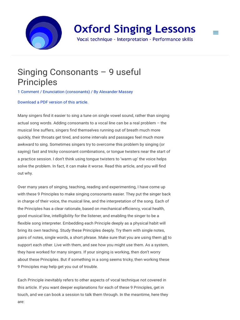 Singing Consonants - 9 Useful Principles - Oxford Singing Lesson | PDF ...