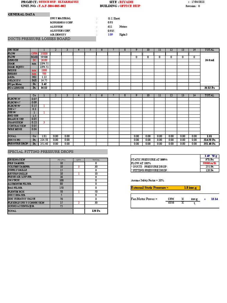 Fans Static Head Calculation Sheet - OfFICE HUP | PDF | Duct (Flow ...
