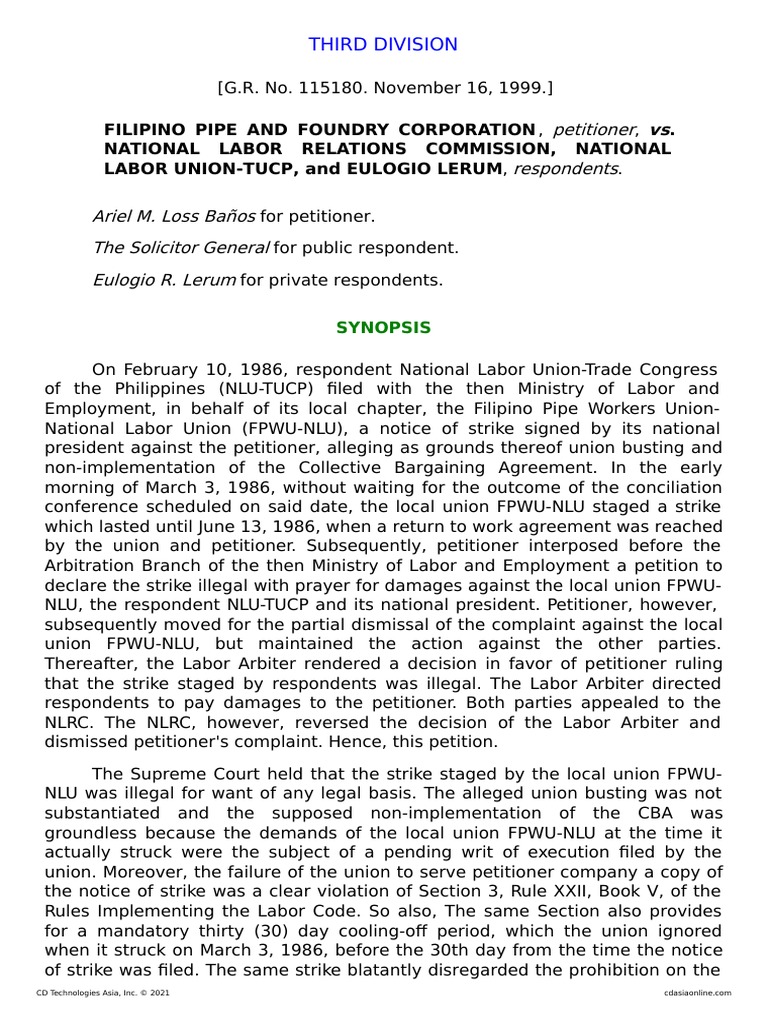 102 - Filipino Pipe and Foundry Corp. v. NLRC, 318 SCRA 68 (1999) | PDF ...