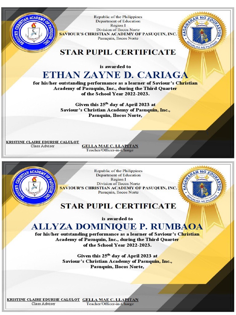 Scap q3 and q4 Certificate Kindergarten | PDF