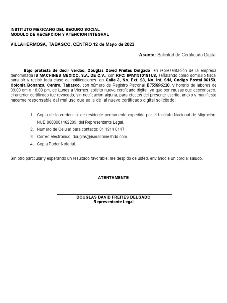 Escrito Libre Solicitud Certificado | PDF