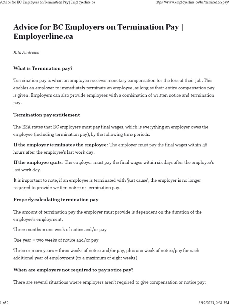 Advice For BC Employers On Termination Pay Employerline - Ca | PDF ...