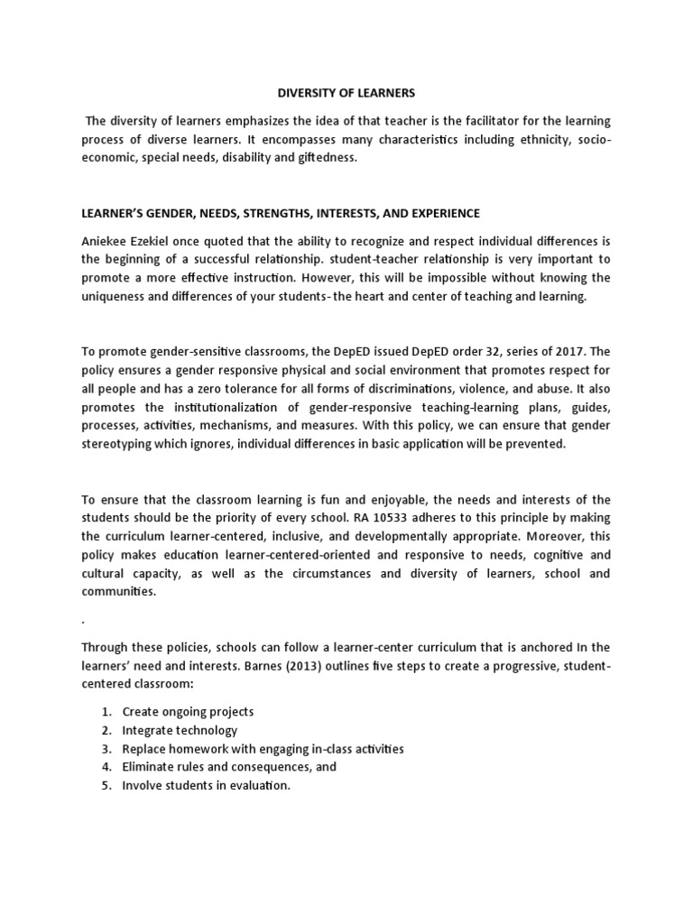 Understanding Learner Diversity in Education | PDF | Learning | Teachers