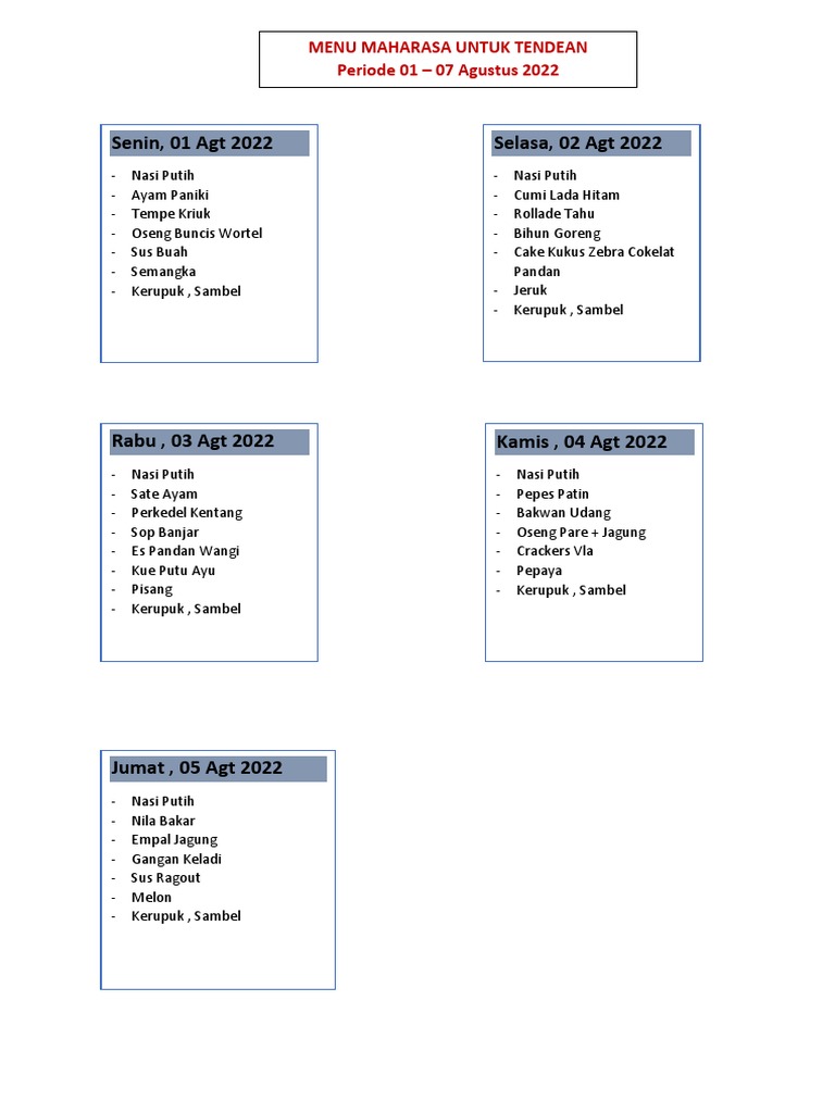Menu Maharasa Utk AL Tendean 01 - 07 Agustus 2022 | PDF