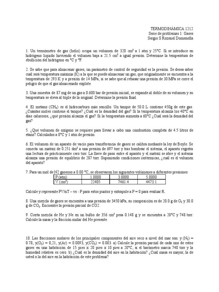 Serie de Problemas 1 | PDF | Gases | Temperatura