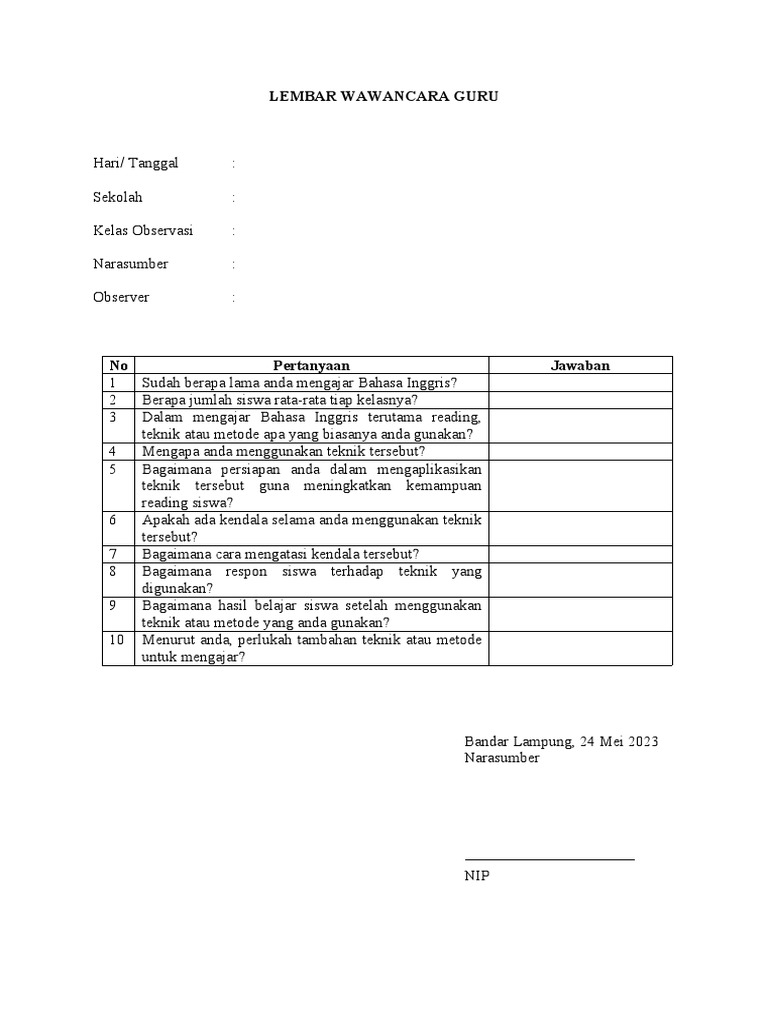 Lembar Wawancara Guru | PDF