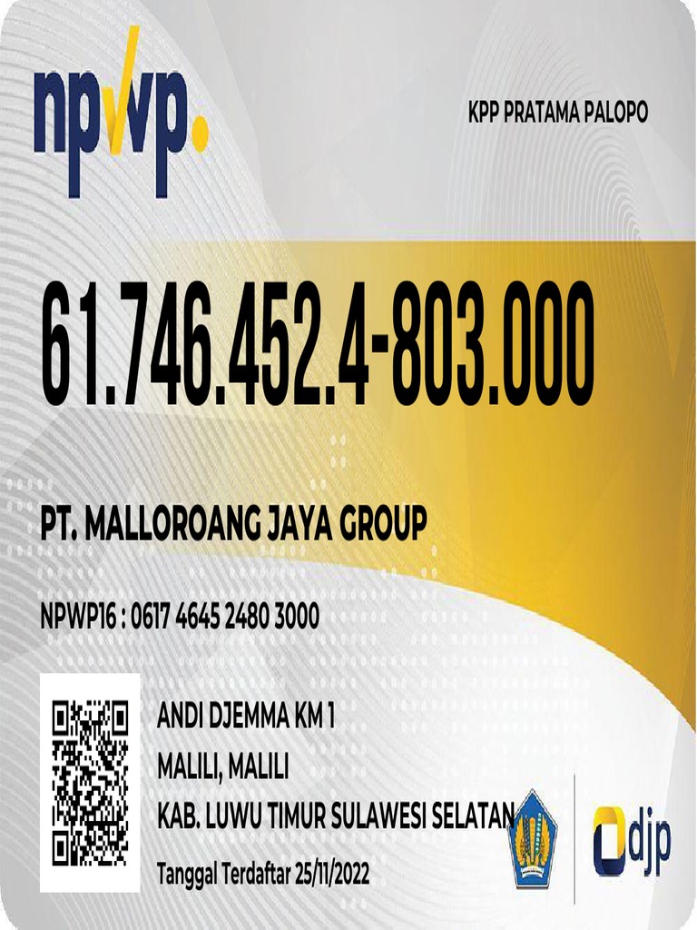 NPWP Pt. Malloroang Jaya Group | PDF