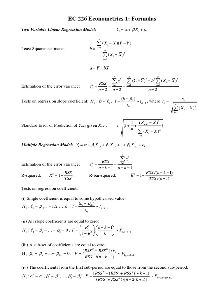 Formula Sheet Econometrics | PDF | Regression Analysis | Linear Regression