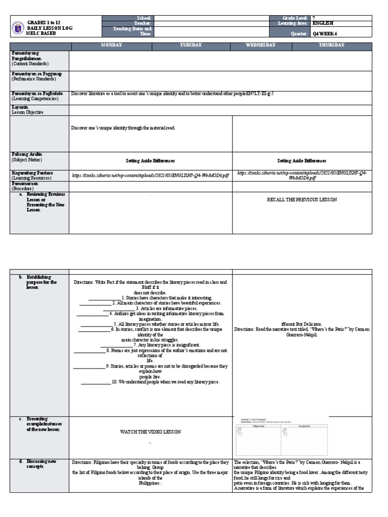Melc DLL Eng 7 Week 6 Q4 Done | PDF | Philippines | Narrative
