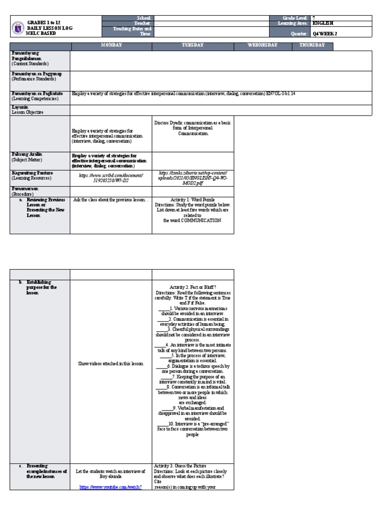 Melc DLL Eng 7 Week 2 Q4 Done | PDF | Communication | Interpersonal Communication