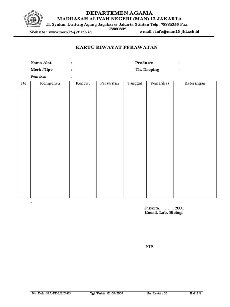 Kartu Riwayat Perawatan Alat MAN 13 | PDF