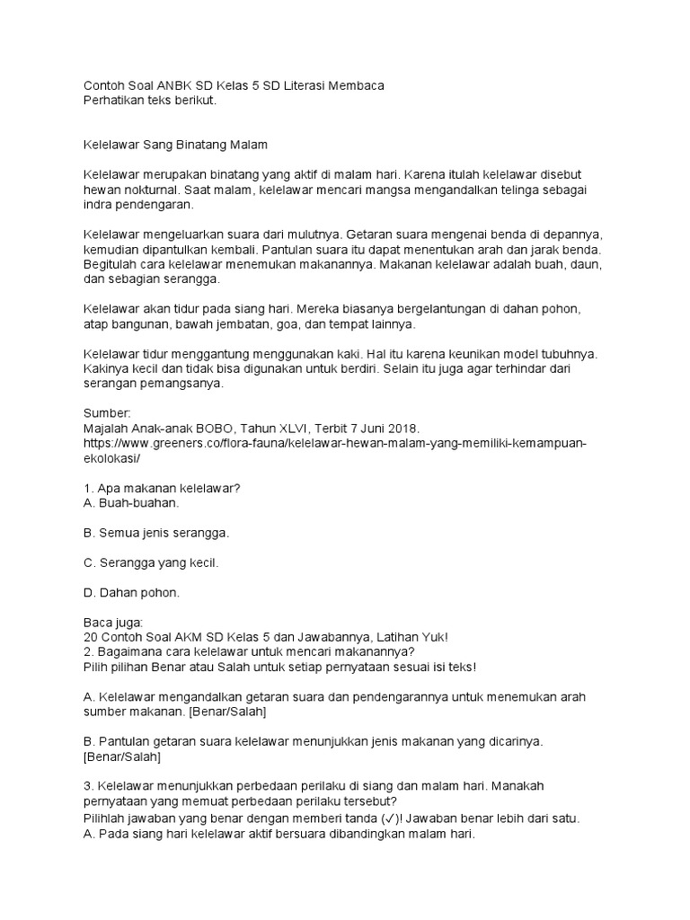 Contoh Soal ANBK SD Kelas 5 SD Literasi Membaca | PDF