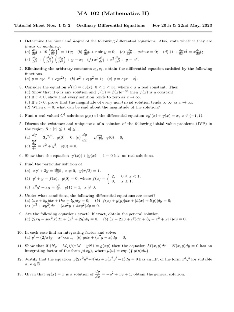ODE 2023 Tutorial 1 and 2 | PDF | Differential Equations | Ordinary Differential Equation