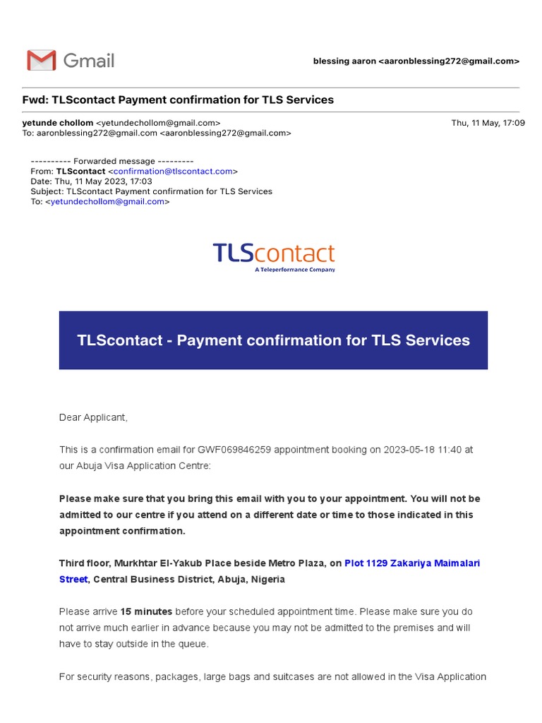 FWD TLScontact Payment Confirmation For TLS Services | PDF | Travel Visa | Identity Document