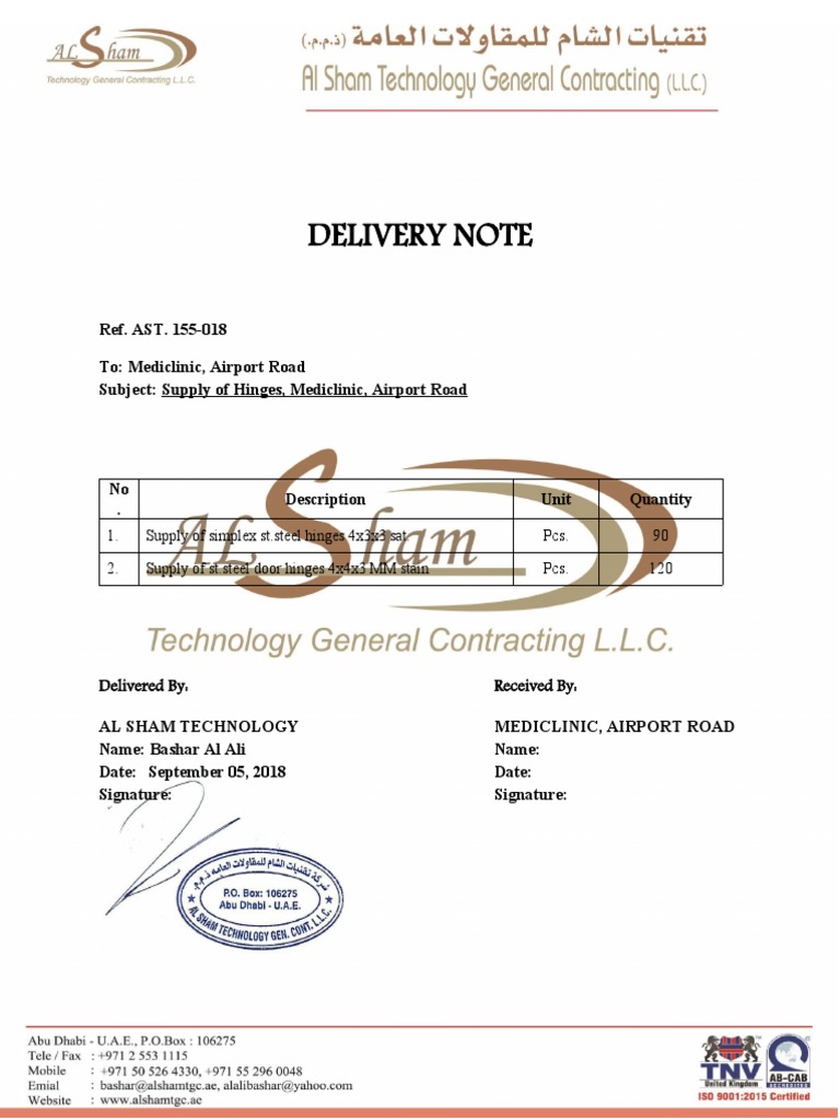 Delivery Note for Mediclinic Supplies | PDF