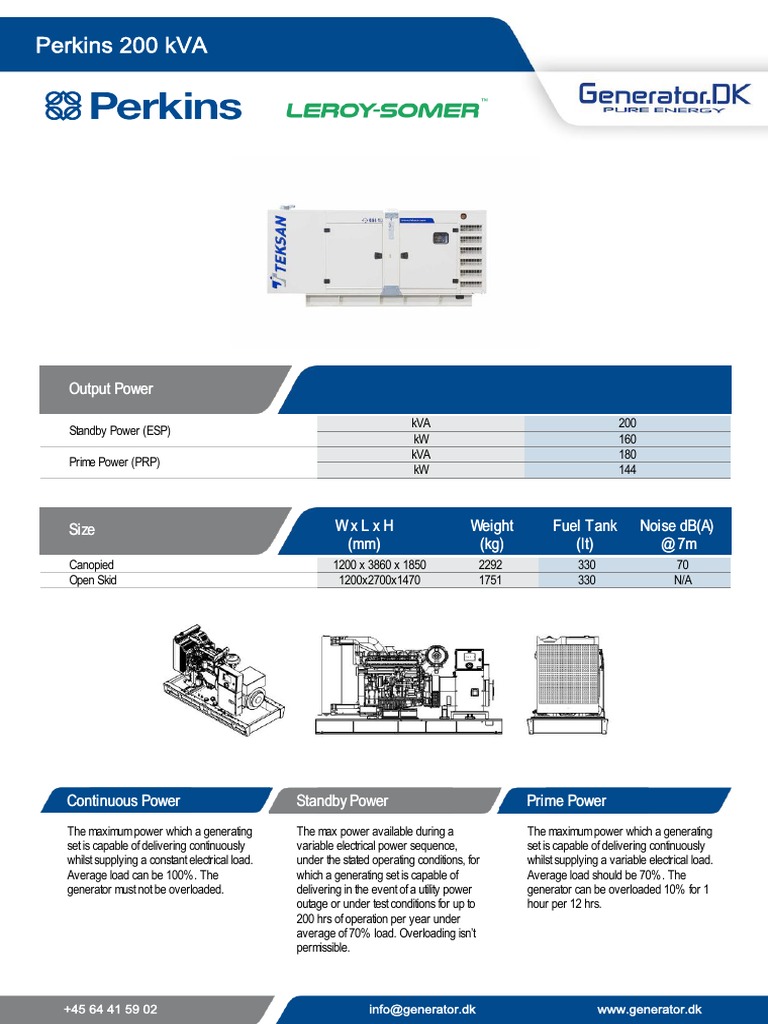 Perkins 200 kVA Generator Specifications | PDF | Engines | Electric ...