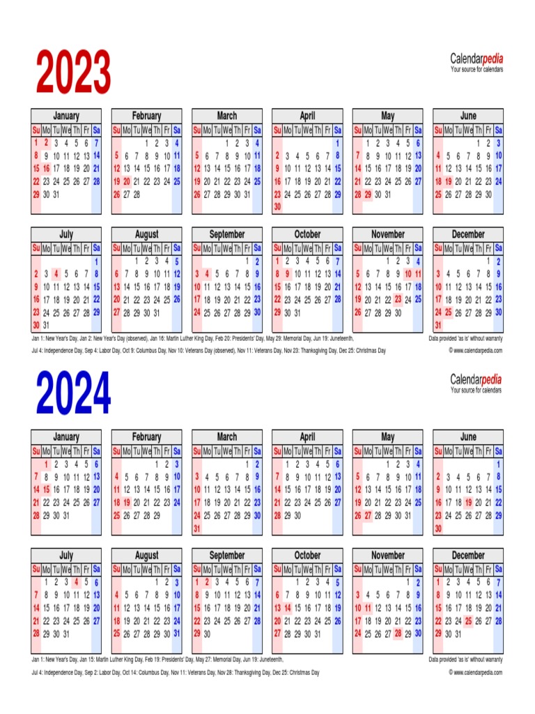 Two Year Calendar 2023 2024 Landscape Linear Red Blue | PDF