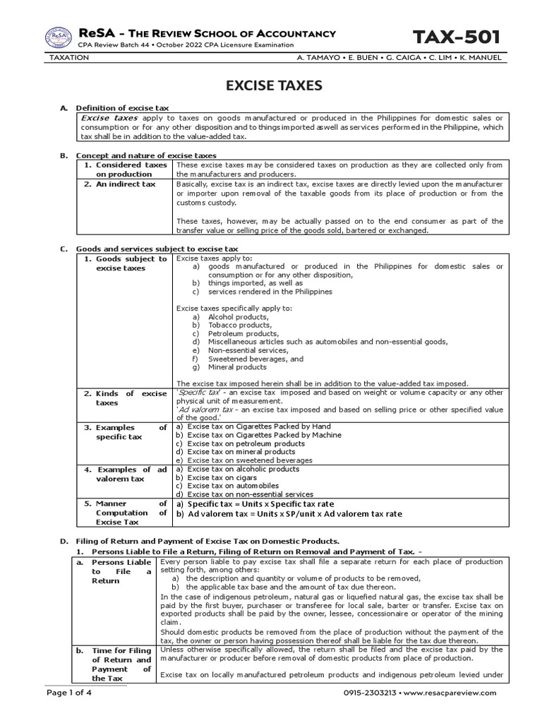 TAX-501 (Excise Taxes - Part 1) | PDF | Taxes | Excise
