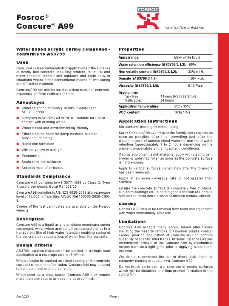 Fosroc Concure A99 TDS | PDF | Concrete | Water