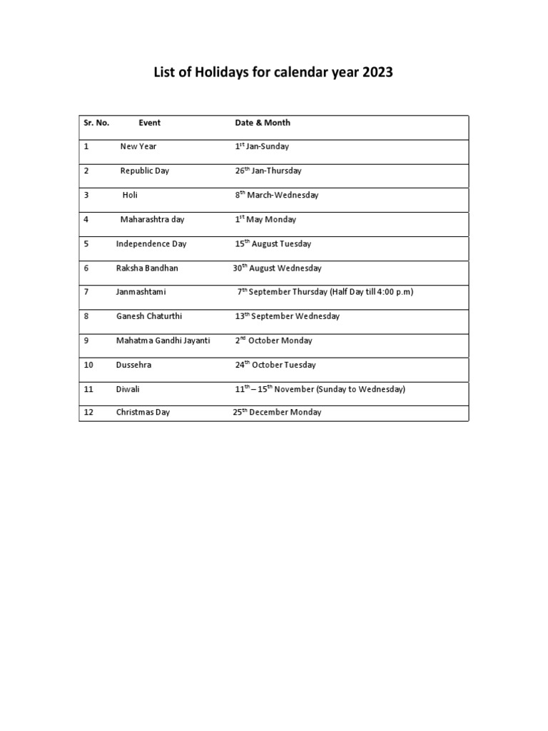 Holiday List 2023 | PDF