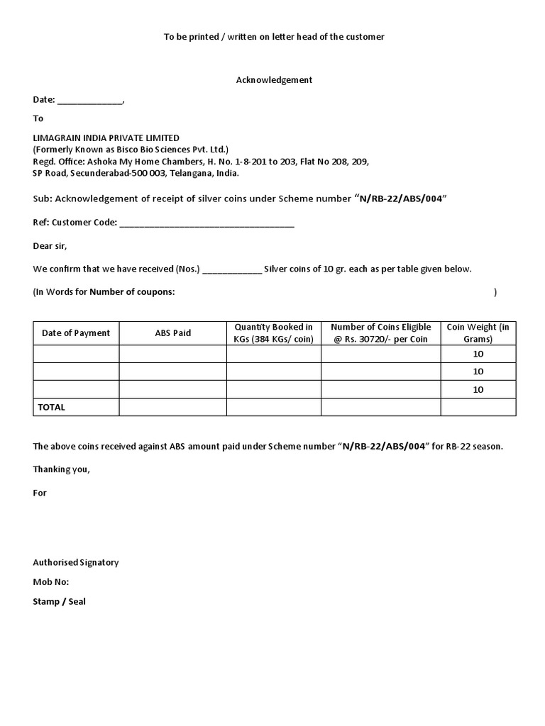 Acknowledgement of Silver Coins Receipt | PDF