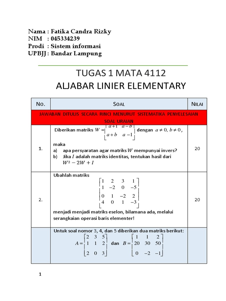 Tugas 1 Aljabar Linear Elementary - Fatika Candra | PDF